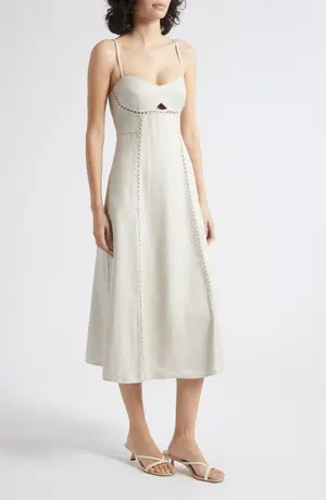 REISS Sage Lattice Inset Linen Blend Midi Dress