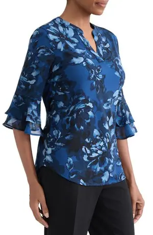 KASPER Floral Print Ruffled Cuff Top