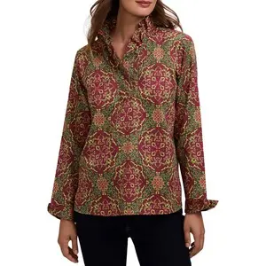 Foxcroft Tammy Medallion Print Ruffle Collar Cotton Top - Red/multi