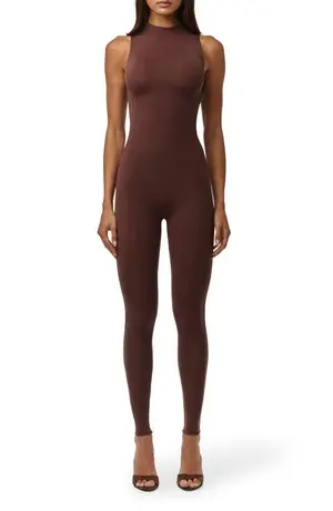 Naked Wardrobe Mock Neck Jumpsuit - Chocolate