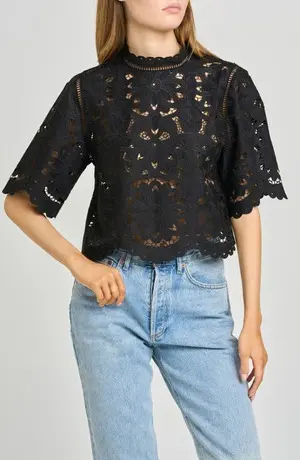 WAYF Floral Embroidered Mock Neck Top - Black