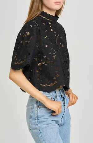 WAYF Floral Embroidered Mock Neck Top - Black