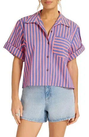 Matty M. Chamber Directional Stripe Cotton Blend Button-up Shirt - Flamingo/blue