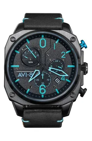 AVI-8 Hawker Hunter Retrograde Chronograph Leather Strap Watch - Black