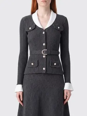 SELF-PORTRAIT Ribbed Wool-blend Belted Lapel Cardigan - Grey