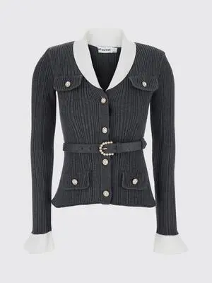 SELF-PORTRAIT Ribbed Wool-blend Belted Lapel Cardigan - Grey