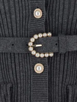 SELF-PORTRAIT Ribbed Wool-blend Belted Lapel Cardigan - Grey