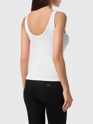Philipp Plein Sleeveless Slim Fit Ribbed Cotton Blend Top With Logo - White