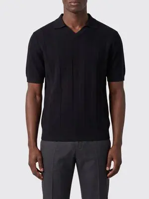 KANGRA Short-sleeved V-neck Viscose Knit Polo Shirt With Ribbed Trims - Black