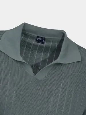 Fedeli Slim Fit V-neck Knit Polo In Organic Cotton With Short Sleeves - Olive