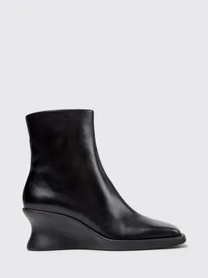 Camper Louise Smooth Leather Wedge Ankle Boots With Squared Toe - Black