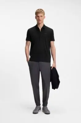 BOSS Zipper-neck Polo Shirt In Cotton-blend Jersey - Black