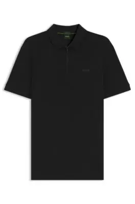BOSS Zipper-neck Polo Shirt In Cotton-blend Jersey - Black