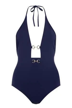 Gucci One-piece Swimsuit With Plunge Neckline And Hardware Detail - Blue