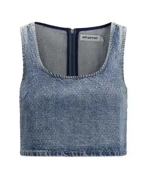 SELF-PORTRAIT Lace Embellished Collar Top - Blue