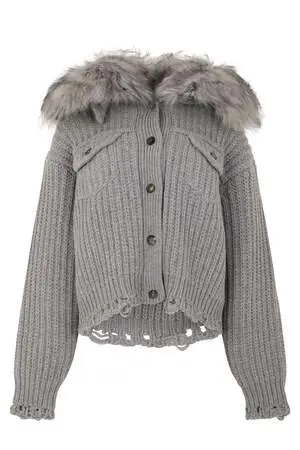 Blumarine Cardigan With Fur Collar - Grey