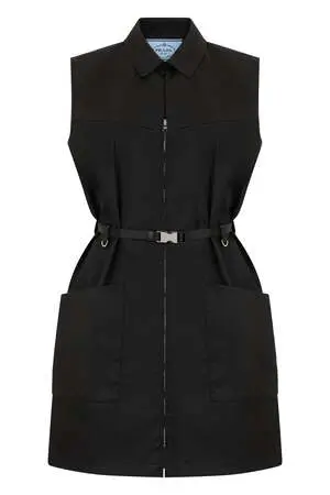 Prada Mini Sleeveless Dress With Zip And Waist Belt - Black