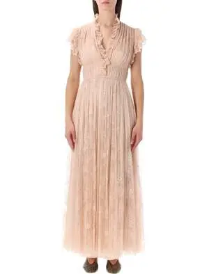 Alberta Ferretti Pleated Lace Maxi Dress - Pink