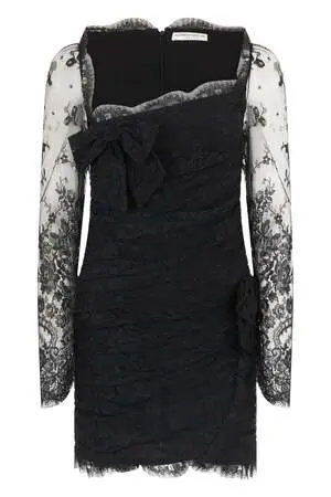 Alessandra Rich Lace Mini Dress With Sheer Sleeves And Bow Detail - Black