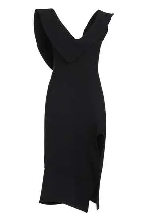 Bottega Veneta Cotton Blend Midi Dress With V-neck And Side Slit - Black