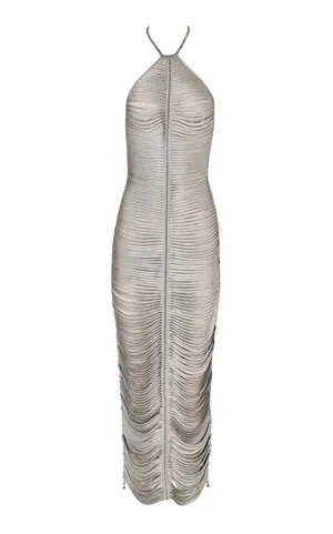 FRANCESCA MIRANDA Halterneck Silk Dress With Hand-sewn Fringes