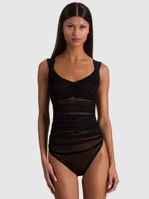Alice + Olivia Renee Sheer Ruched Bodysuit - Black