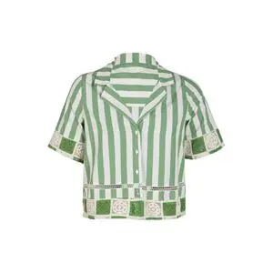 ROSE & NANCY Helena Stripe Crochet Trim Cotton Resort Shirt - Green
