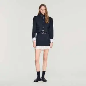 Sandro Mini Striped Ruffled Skirt - Black