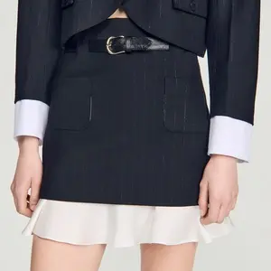 Sandro Mini Striped Ruffled Skirt With Buckle Belt