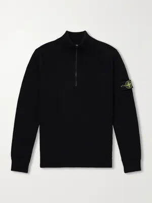 Stone Island Ribbed Cotton Zip-up Sweater - Black