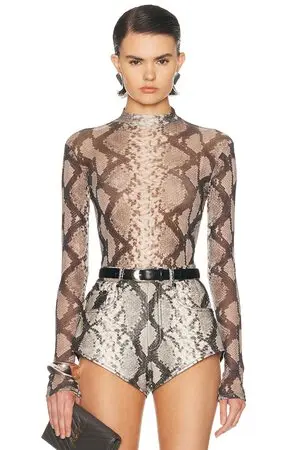 Lapointe Printed Mesh Mock Neck Bodysuit In Grey - Python Print