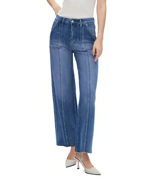 BAYEAS High Rise Straight Leg Jeans With Raw Edge Hem And Stretch Fabric