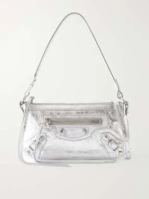 Balenciaga Le City Pouch On A Strap Embellished Crinkled-leather Shoulder Bag - Silver