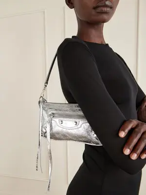 Balenciaga Le City Pouch On A Strap Embellished Crinkled-leather Shoulder Bag - Silver
