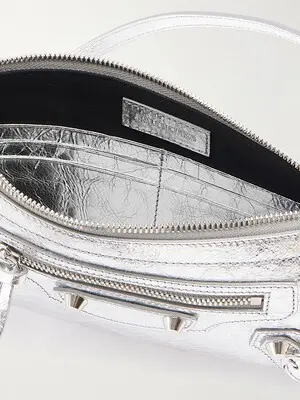Balenciaga Le City Pouch On A Strap Embellished Crinkled-leather Shoulder Bag - Silver