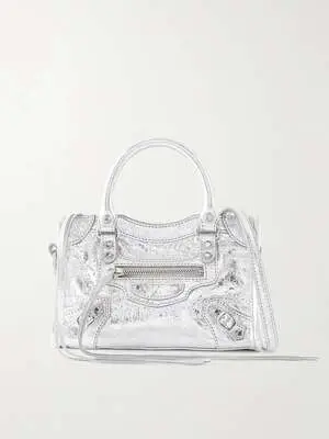 Balenciaga Le City Nano Embellished Crinkled-leather Shoulder Bag - Silver