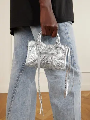 Balenciaga Le City Nano Embellished Crinkled-leather Shoulder Bag - Silver
