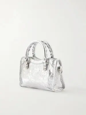 Balenciaga Le City Nano Embellished Crinkled-leather Shoulder Bag - Silver