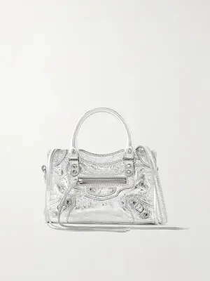 Balenciaga Le City Nano Embellished Crinkled-leather Shoulder Bag - Silver
