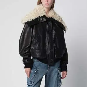Attico Leather Bomber Jacket With Shearling Collar - Black