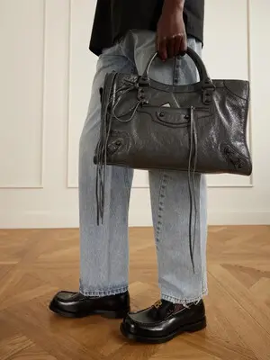 Balenciaga Le City Medium Embellished Crinkled-leather Shoulder Bag - Gray