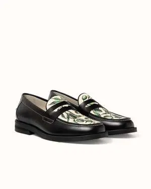 DUKE + DEXTER Raffia Penny Loafers With Branch Motif - Olive