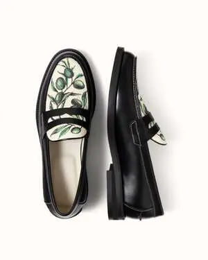 DUKE + DEXTER Raffia Penny Loafers With Branch Motif - Olive