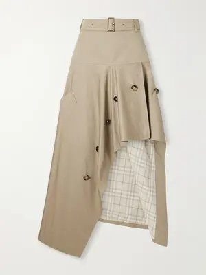 Burberry Heather Belted Asymmetric Cotton-gabardine Midi Skirt - Neutrals