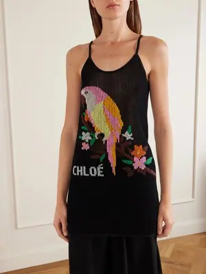Chloé Embroidered Crocheted Cotton Mini Dress - Black