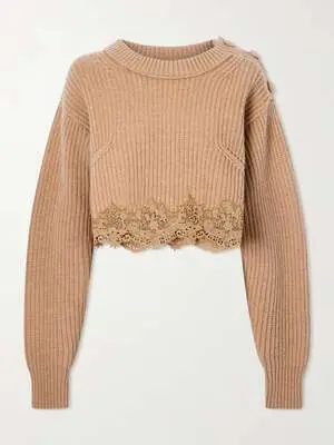 Chloé Lace-trimmed Wool And Cashmere-blend Cropped Sweater - Brown