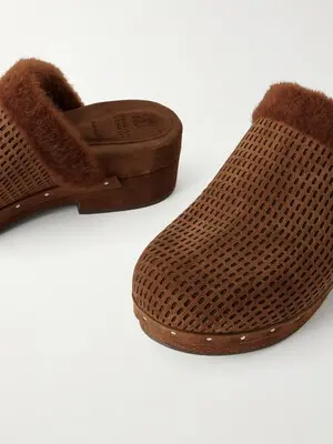 Brunello Cucinelli Bead-embellished Shearling-trimmed Suede Clogs
