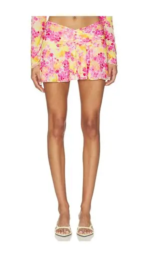 INDAH Leo Printed Crossover Gathered Band Mini Skirt In Yellow,pink - Romance