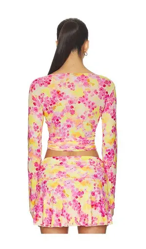 INDAH Lori Printed Long Sleeve Wrap Top In Yellow,pink