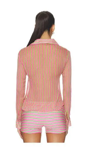 INDAH Rhode Printed Long Sleeve Button Up Fitted Shirt In Pink,green